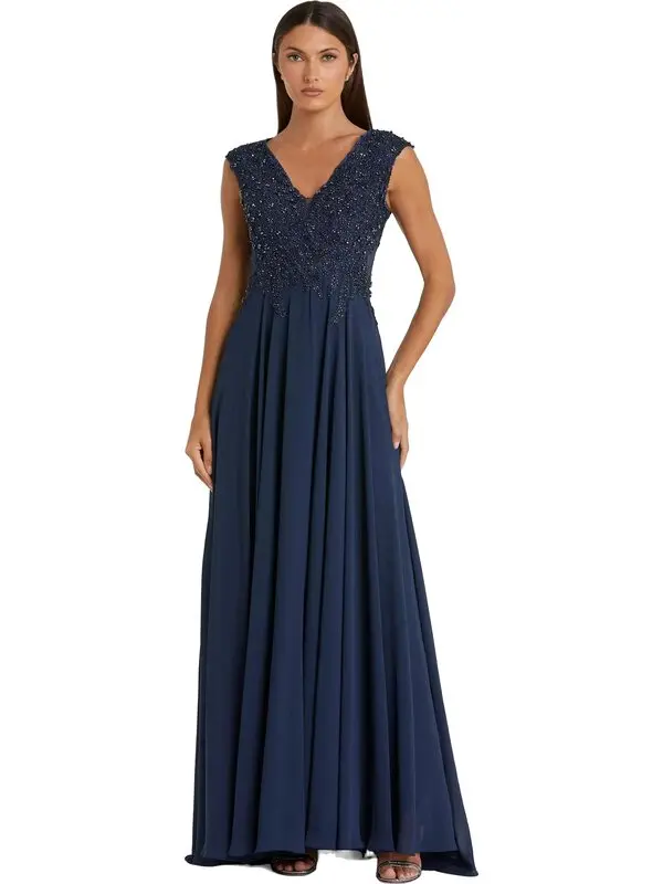 Mac Duggal Cap Sleeve Applique Bodice Flowy Gown - Navy