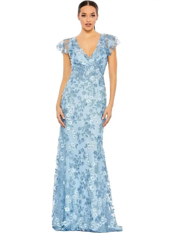 Mac Duggal Embroidered Applique Flutter Sleeve Gown - Blue
