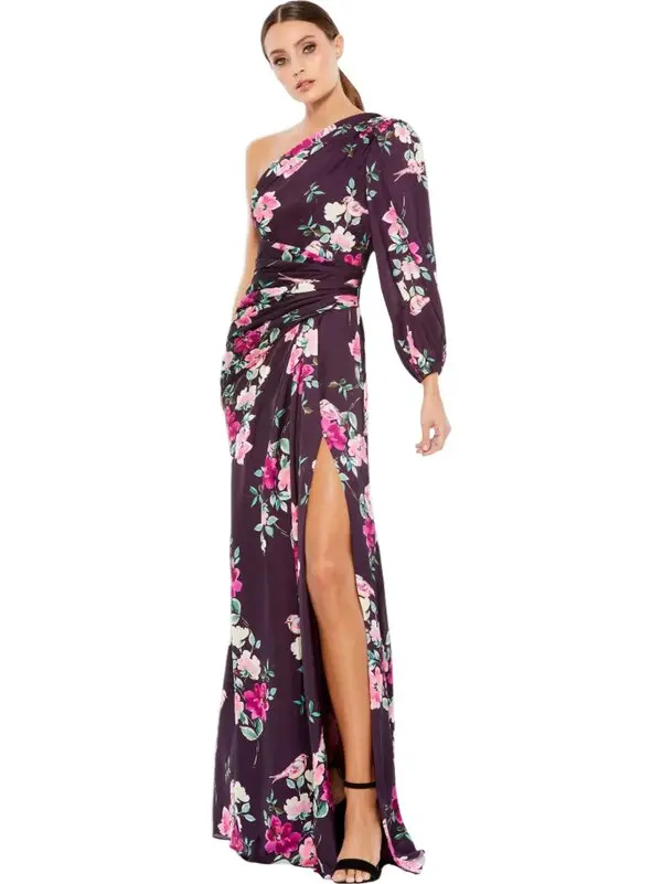 Mac Duggal One-shoulder Floral Charmeuse Gown - Purple