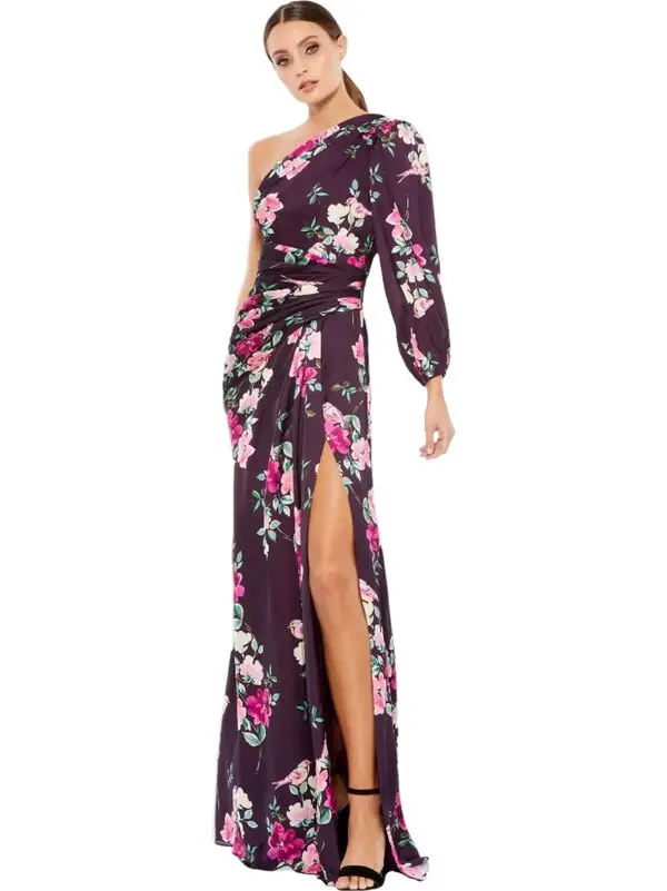 Mac Duggal One-shoulder Floral Charmeuse Gown - Purple