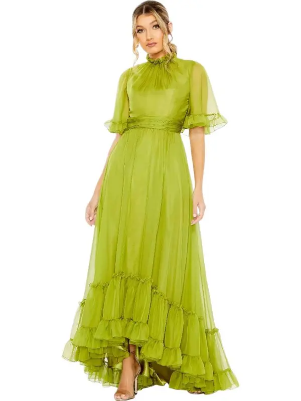 Mac Duggal Ruffled Mock Neck High-low Gown - Green