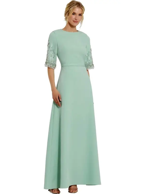 Mac Duggal Crepe A-line Gown With Beaded Sleeves - Green