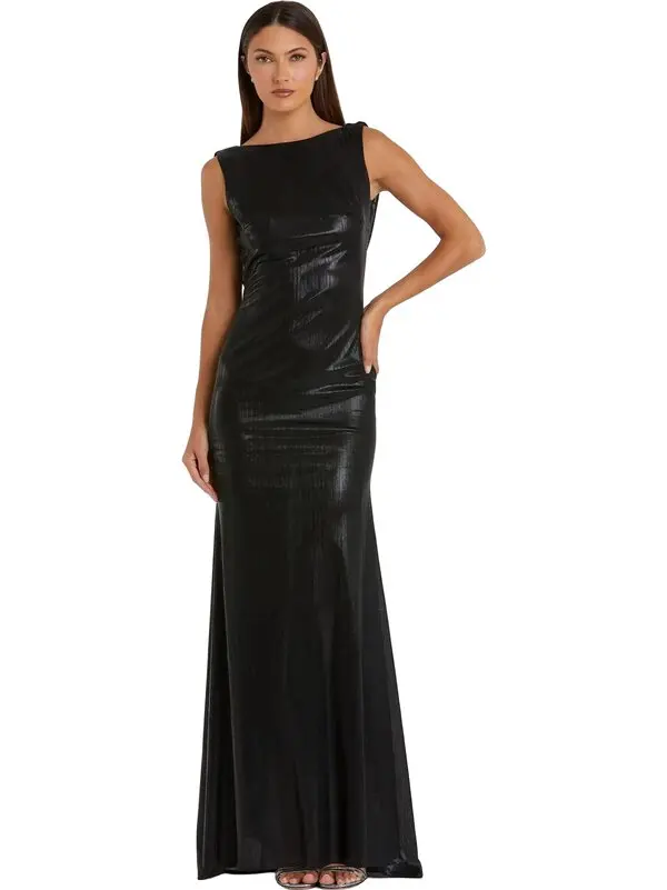 Mac Duggal Metallic Jersey Cowl Back Column Gown - Black