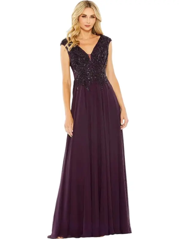 Mac Duggal Cap Sleeve Applique Bodice Flowy Gown - Purple