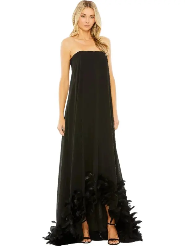 Mac Duggal Strapless Feather Hem Gown - Black