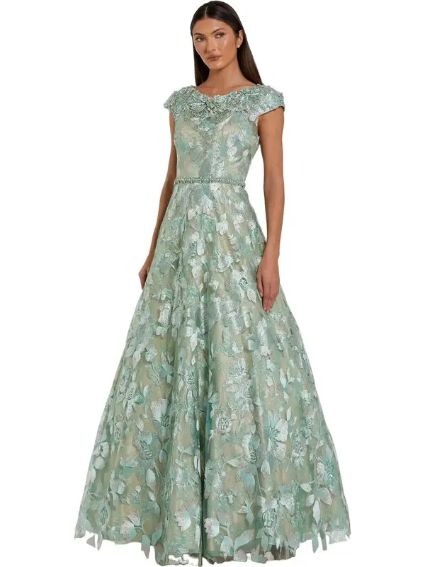 Mac Duggal Embellished Cap Sleeve High Neck A-line Ball Gown - Green