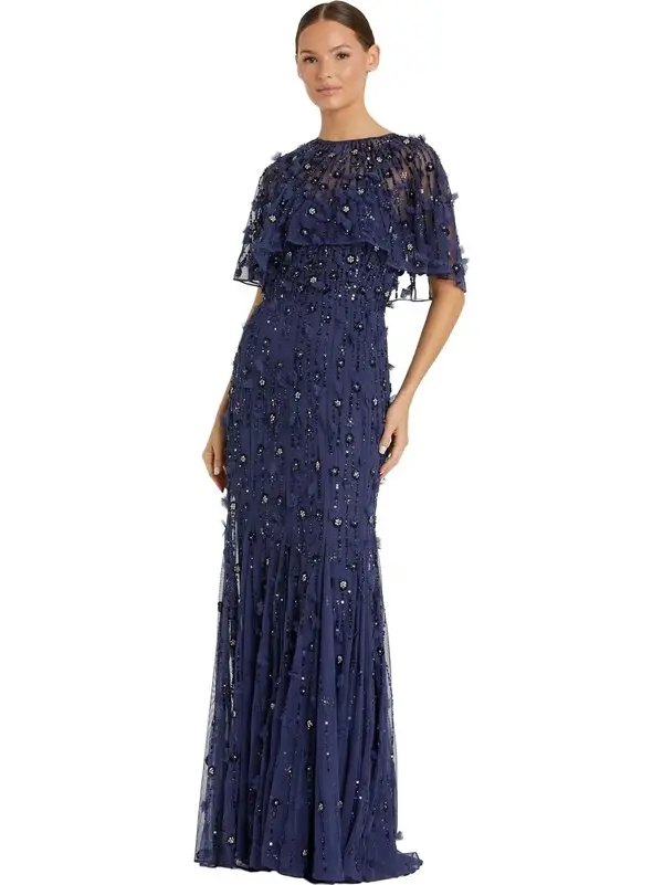 Mac Duggal Embellished Illusion Cape Sleeve Trumpet Gown - Navy