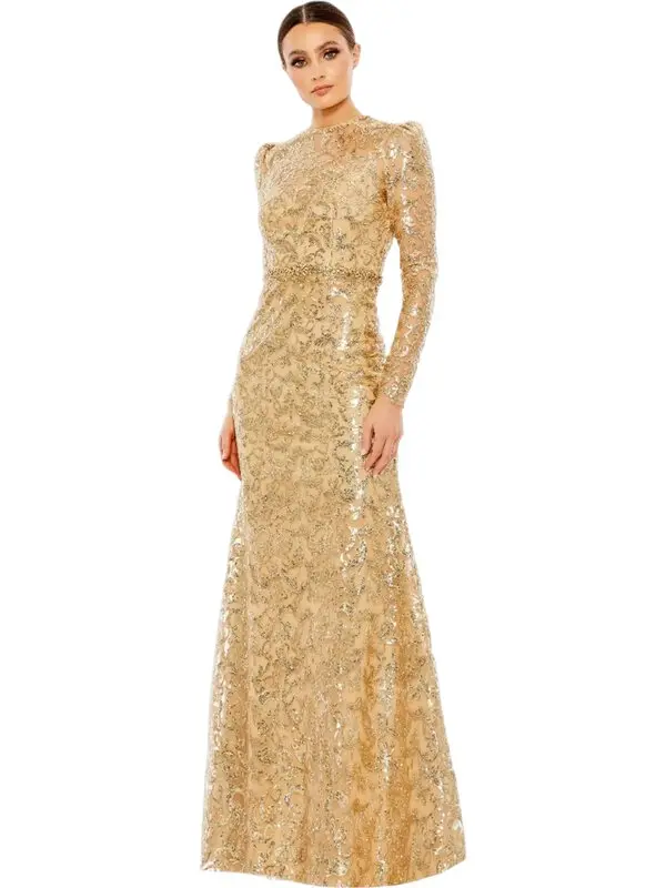 Mac Duggal Embellished High Neck Long Sleeve Gown - Gold