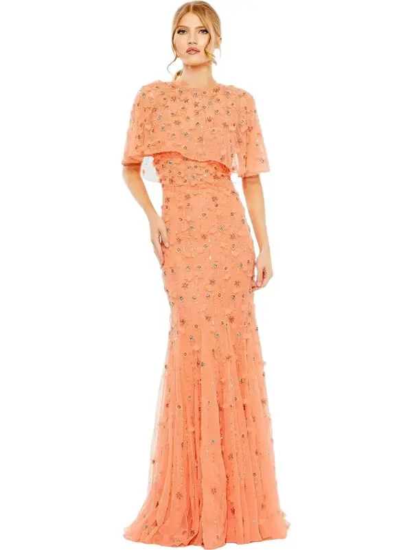 Mac Duggal Embellished Illusion Cape Sleeve Trumpet Gown - Orange
