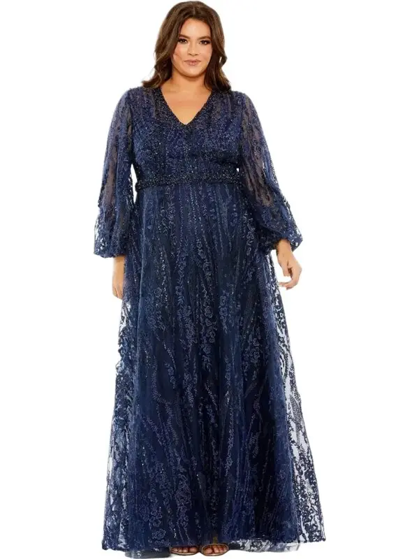 Mac Duggal V-neck Puff Sleeve Embroidered A-line Gown - Navy