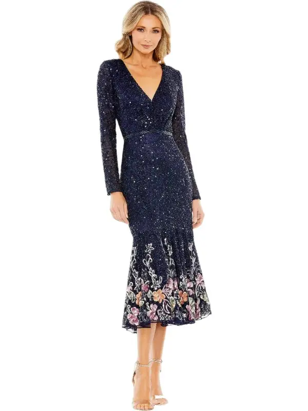 Mac Duggal Faux Wrap Long Sleeve Tea Length Dress - Navy
