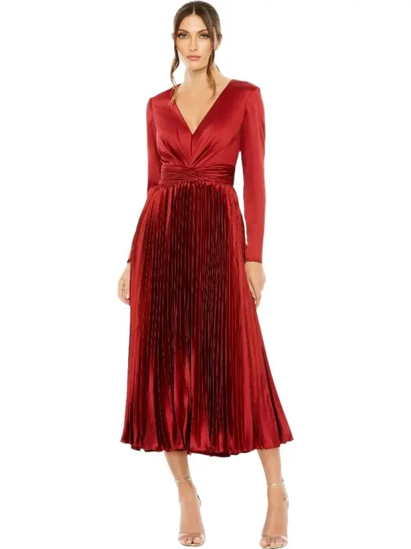 Mac Duggal Pleated Long Sleeve V-neck Tea-length Dress - Red