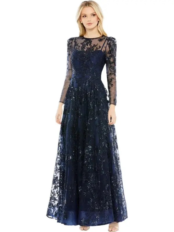 Mac Duggal Embroidered Illusion High Neck A-line Dress - Navy