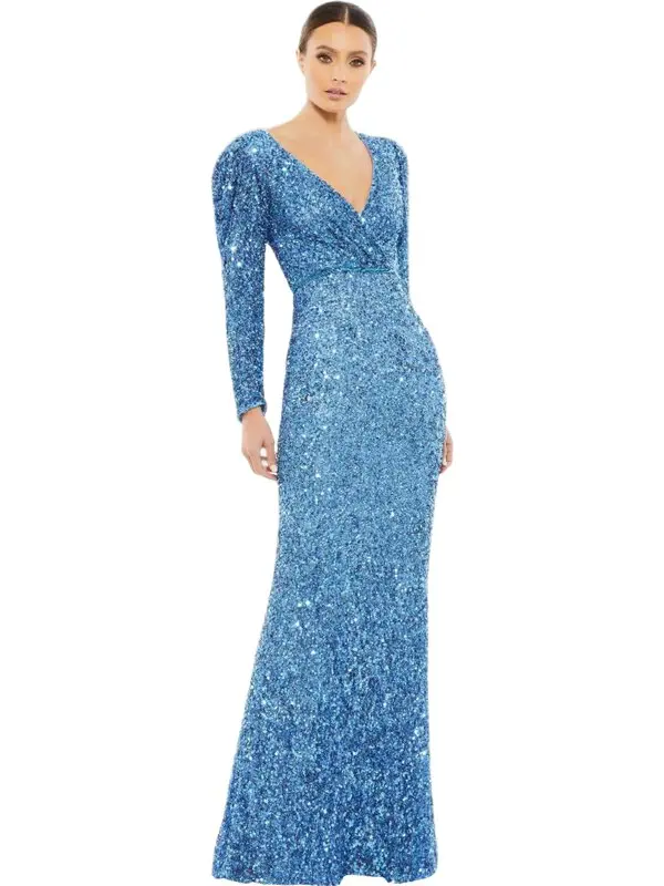 Mac Duggal Sequin Surplice Gown With Puff Sleeves - Blue