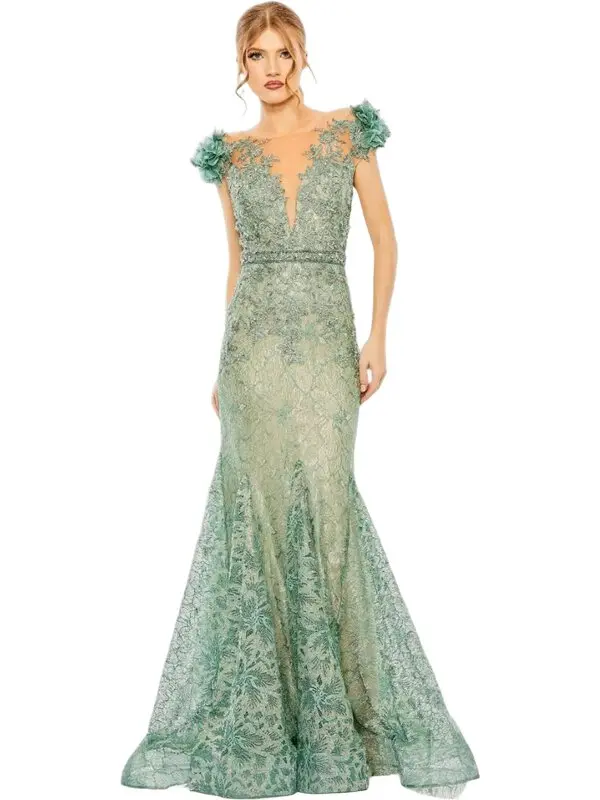 Mac Duggal Illusion Bodice Embroidered Trumpet Gown - Green