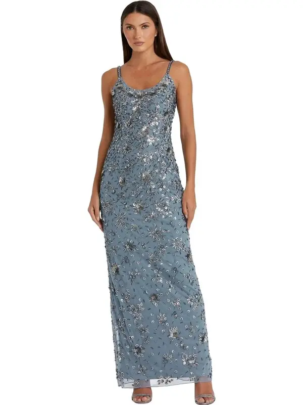 Mac Duggal Floral Embellished Scoop Neck Evening Gown - Blue
