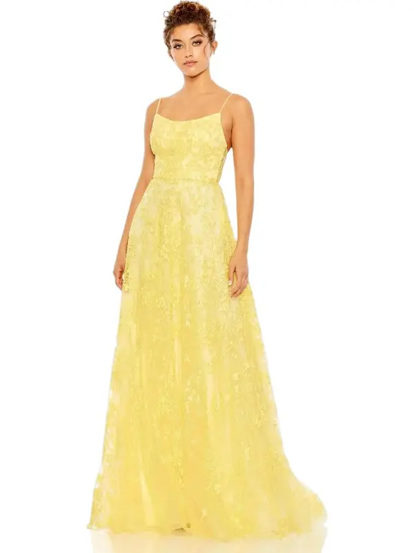 Mac Duggal Floral Applique Cami A-line Gown - Yellow