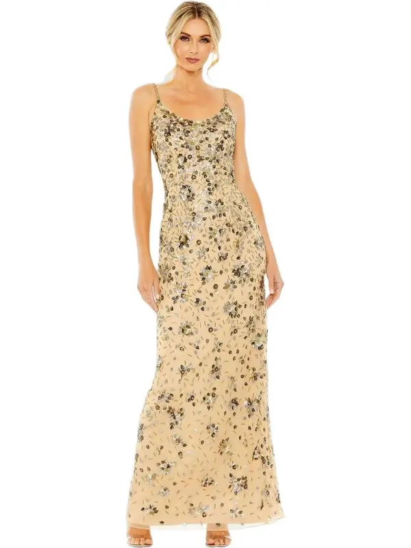 Mac Duggal Floral Embellished Scoop Neck Evening Gown - Neutral