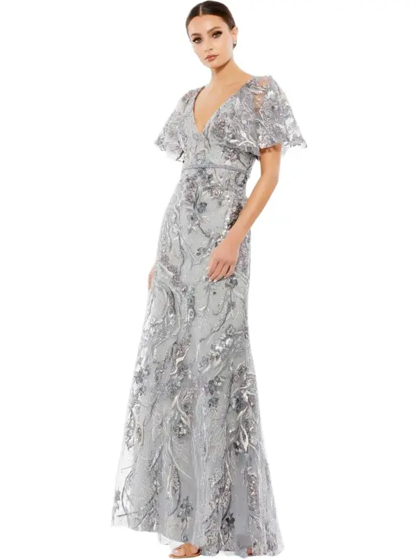 Mac Duggal Embellished V-neck Trumpet Gown With Butterfly Sleeves - Platinum