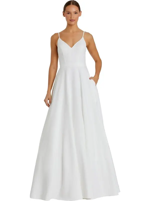 Mac Duggal Classic A-line V-neck Ball Gown - White