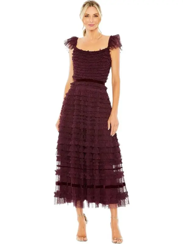 Mac Duggal Ruffle Cap Sleeve Tiered Midi Dress - Purple