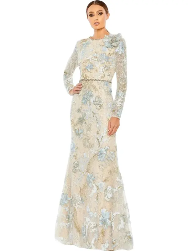 Mac Duggal Floral Embroidered Lace Trumpet Gown - Neutral