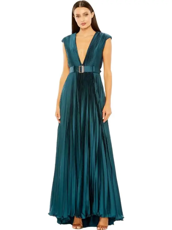 Mac Duggal Pleated Plunge Neck A-line Gown With Belt - Blue