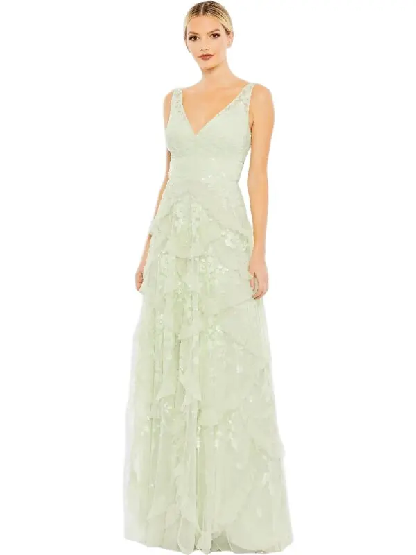 Mac Duggal Sequined Scallop Ruffle Tiered V-neck Gown - Green