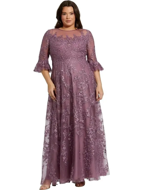 Mac Duggal High Neck Flutter Sleeve Embroidered A-line Gown - Purple