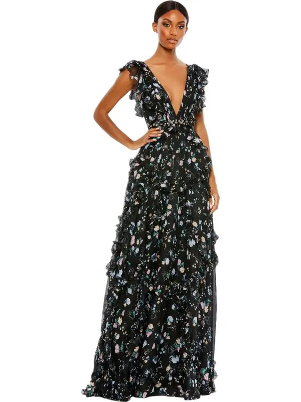 Mac Duggal Ruffled Floral Print Cap Sleeve Gown - Black