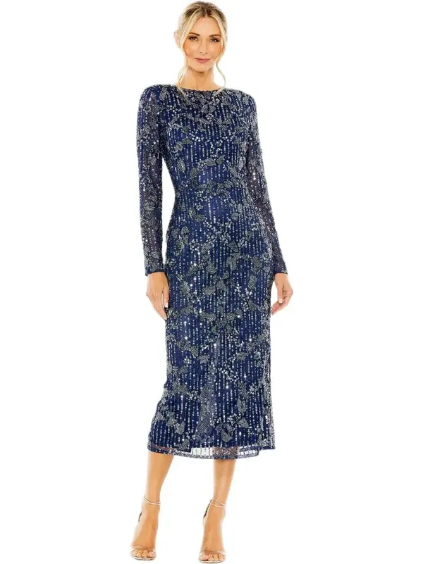 Mac Duggal High Neck Long Sleeve Embellished Dress - Navy