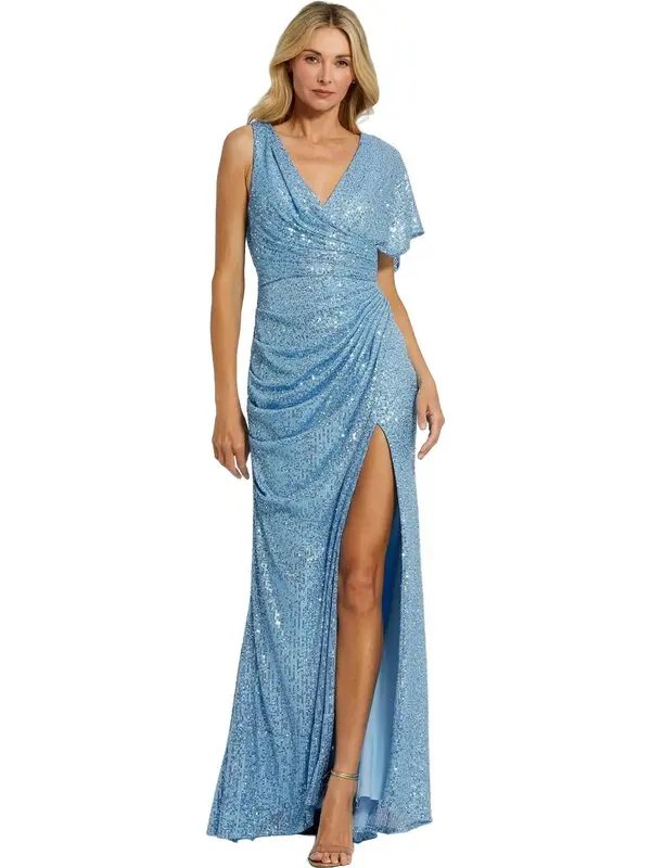 Mac Duggal Sequined Asymmetrical Draped Trumpet Gown - Blue