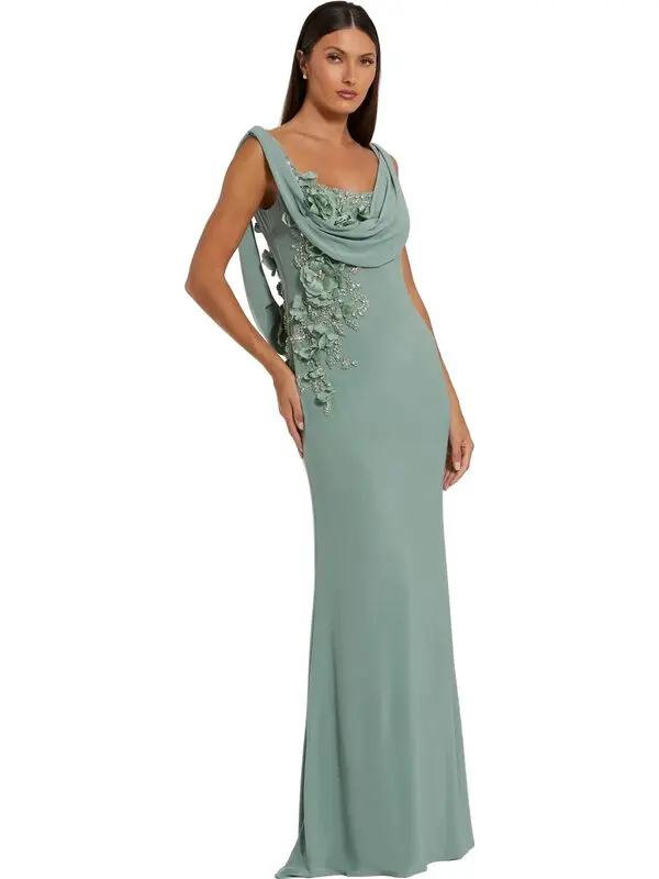 Mac Duggal Sleeveless Jersey Cowl Neck Gown With Floral Appliqués - Green