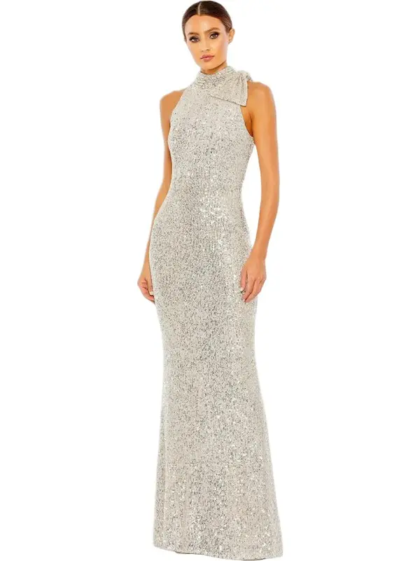 Mac Duggal Sequin Halter Neck Gown - Silver