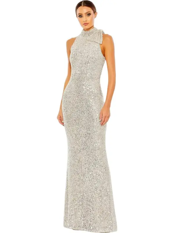 Mac Duggal Sequin Halter Neck Gown - Silver