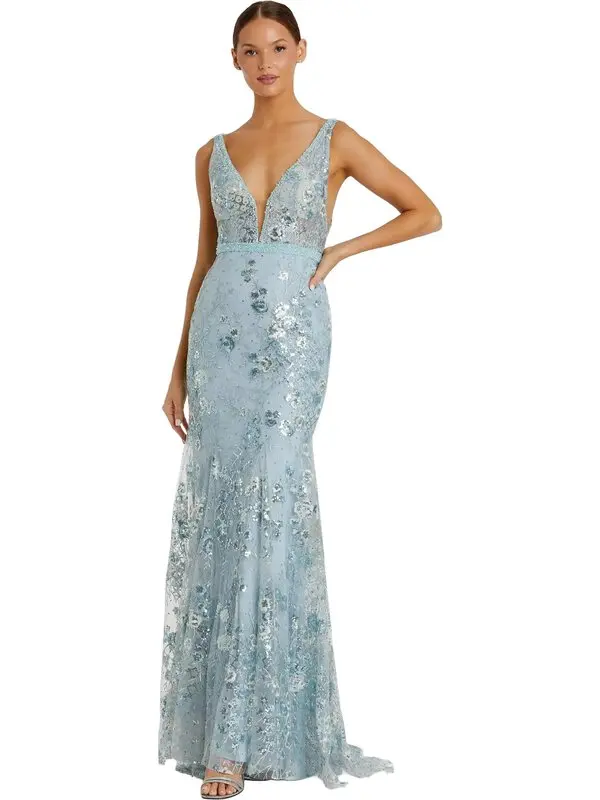 Mac Duggal Embellished Sleeveless Plunge Neck Gown - Blue