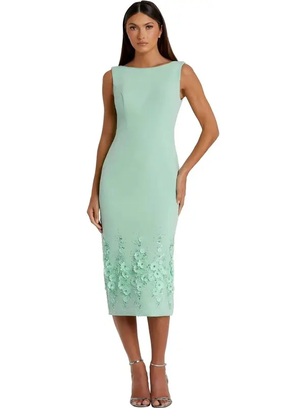 Mac Duggal Crepe Sleeveless Midi Dress With Flower Beading - Green