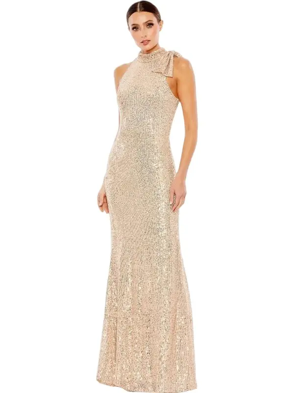 Mac Duggal Soft Tie Halter Neck Sequin Gown - Gold
