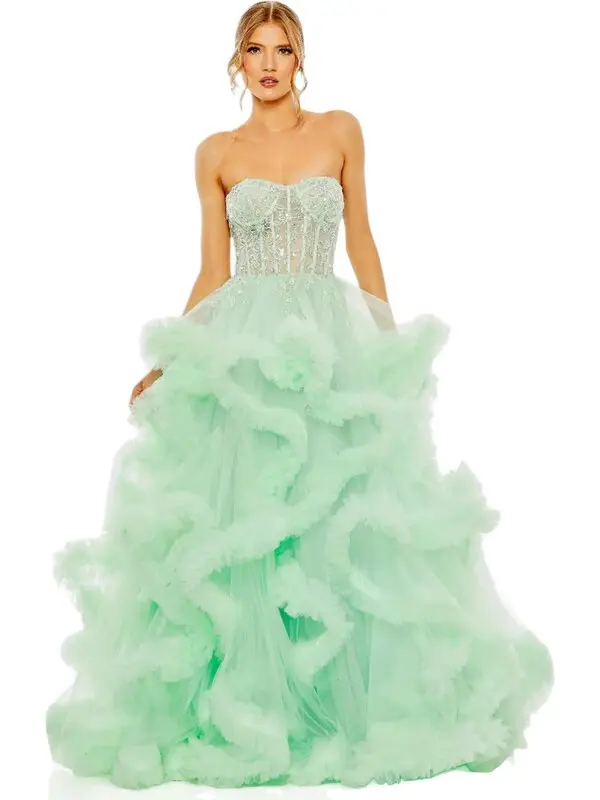 Mac Duggal Strapless Corset Detail Tulle Layered Gown - Green