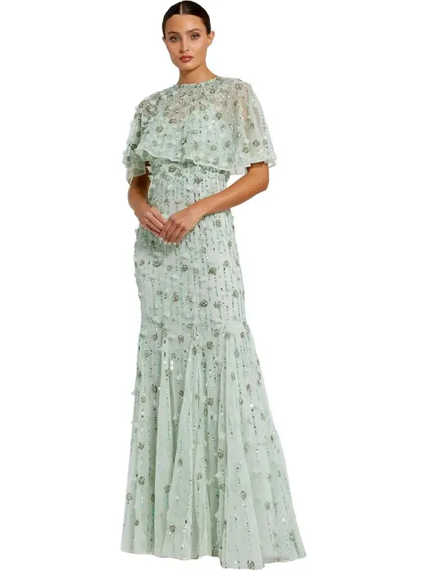 Mac Duggal Embellished Illusion Cape Sleeve Trumpet Gown - Green