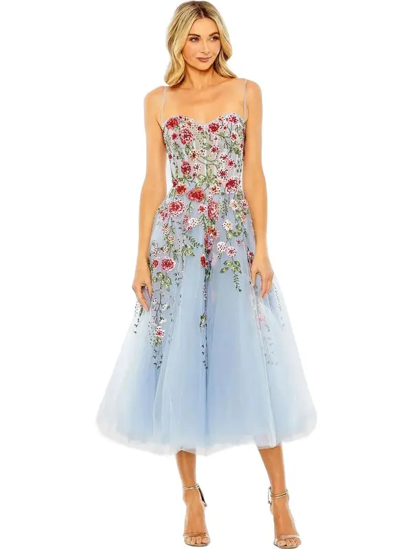 Mac Duggal Bustier Embroidered Floral A-line Dress - Blue
