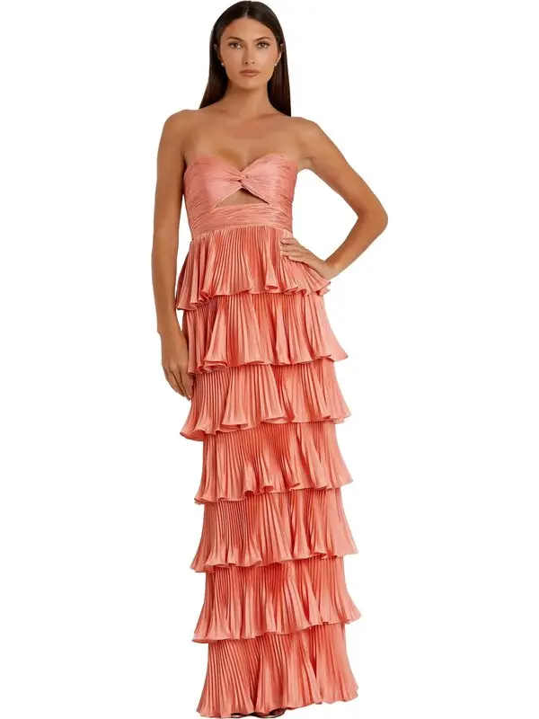 Mac Duggal Strapless Pleated Tiered Ruffle Gown - Pink