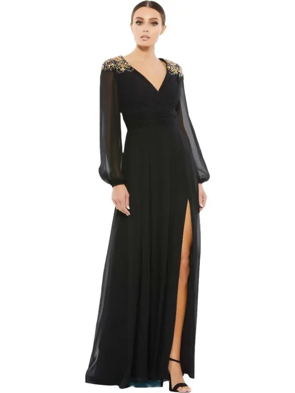 Mac Duggal Embellished Shoulder Blouson Sleeve Evening Gown - Black