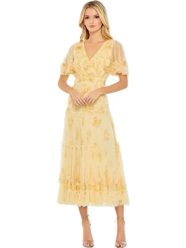 Mac Duggal Floral Embellished Flutter Sleeve Tiered Dress - Yellow