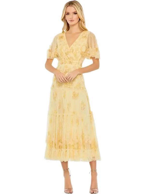 Mac Duggal Floral Embellished Flutter Sleeve Dress - Yellow