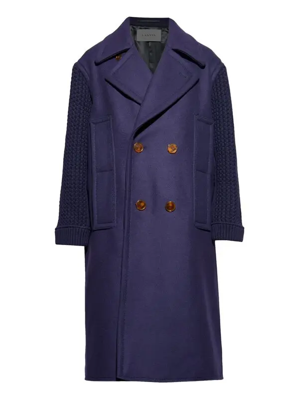 LANVIN Wool Coat With Knit Sleeves - Navy Blue