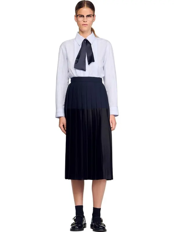 Sandro Midi Pleated Dual-material Skirt - Navy Blue