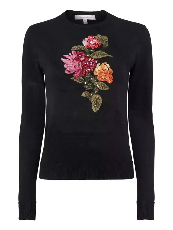 Carolina Herrera Chrysanthemum-embroidered Sequin Sweater - Black