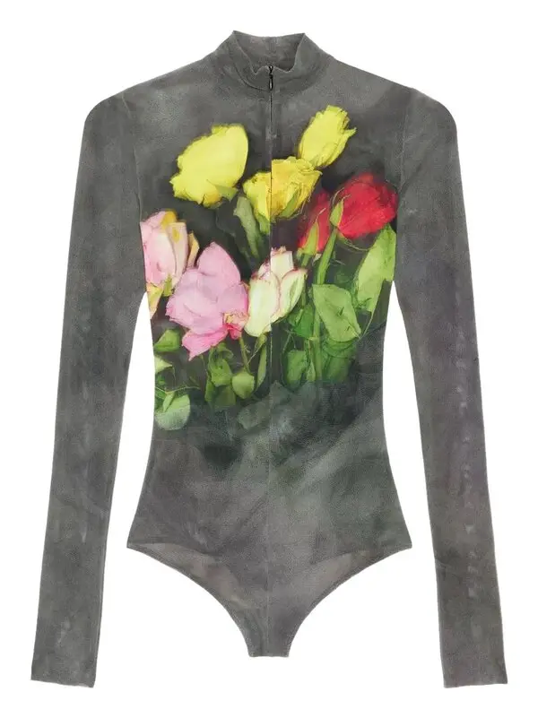 MSGM Floral-print Zip Bodysuit - Black