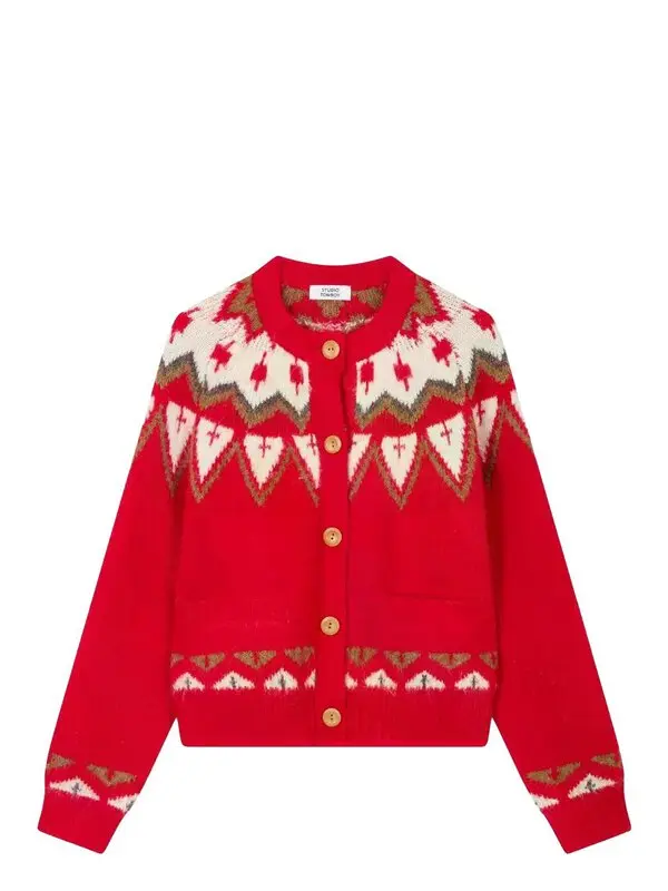 STUDIO TOMBOY Patterned Round Neck Cardigan - Red